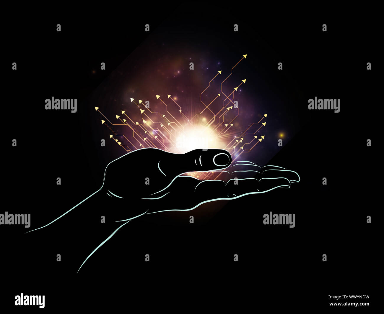 Backdrop of human hand and technological elements on the subject of ...