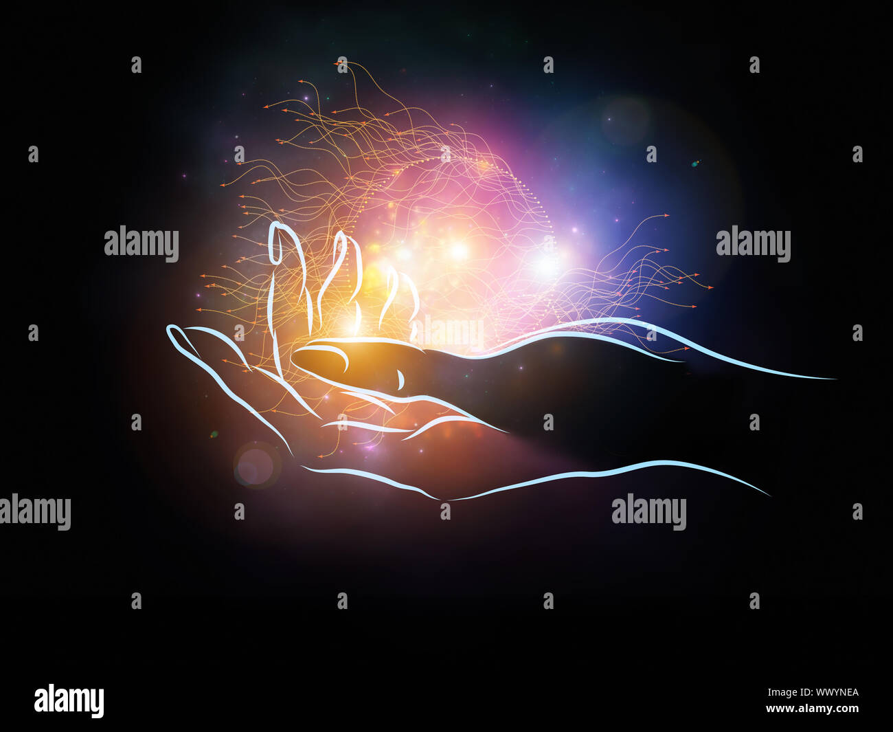 Composition of human hand and technological elements with metaphorical ...
