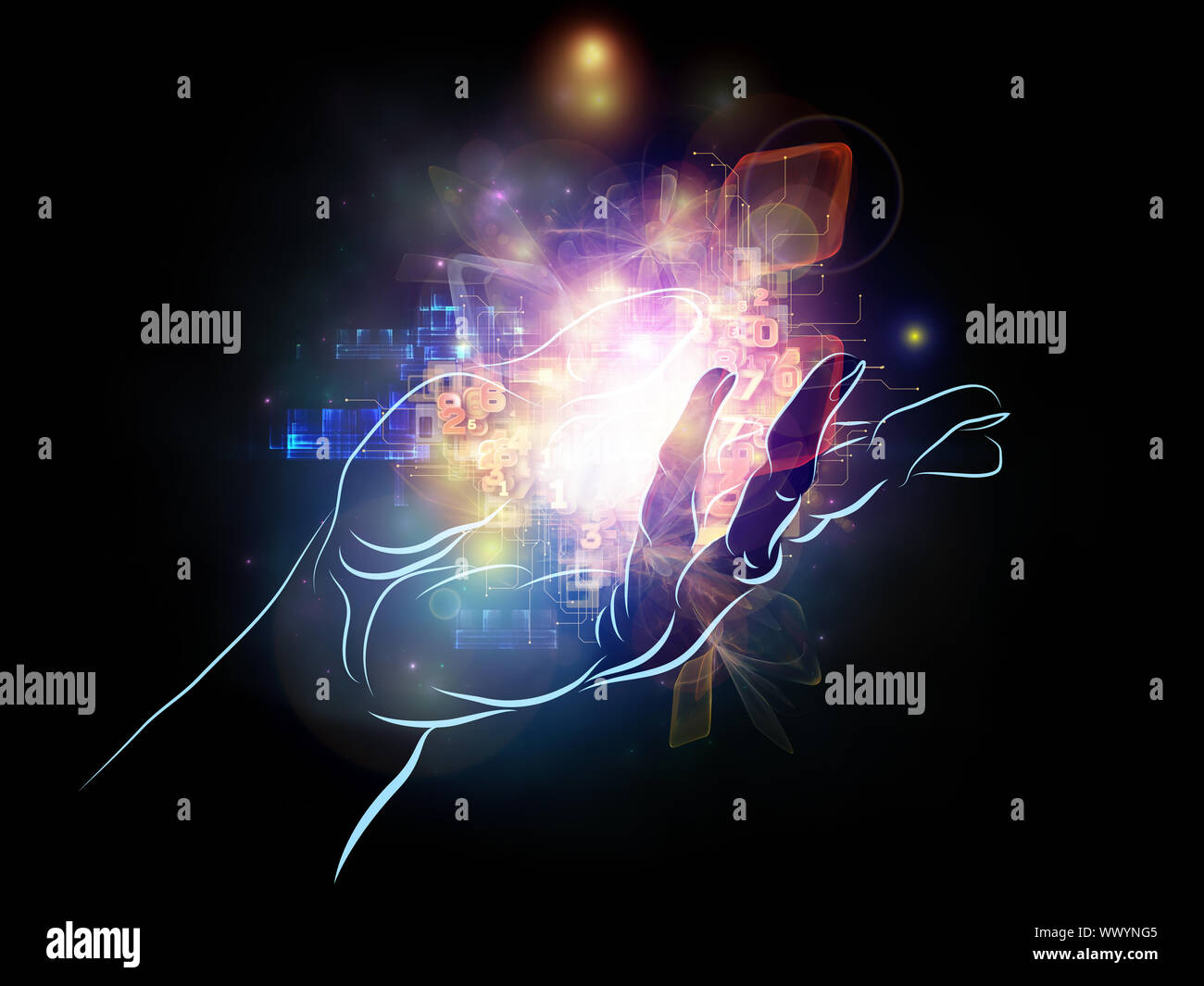 Background design of human hand and technological elements on the ...
