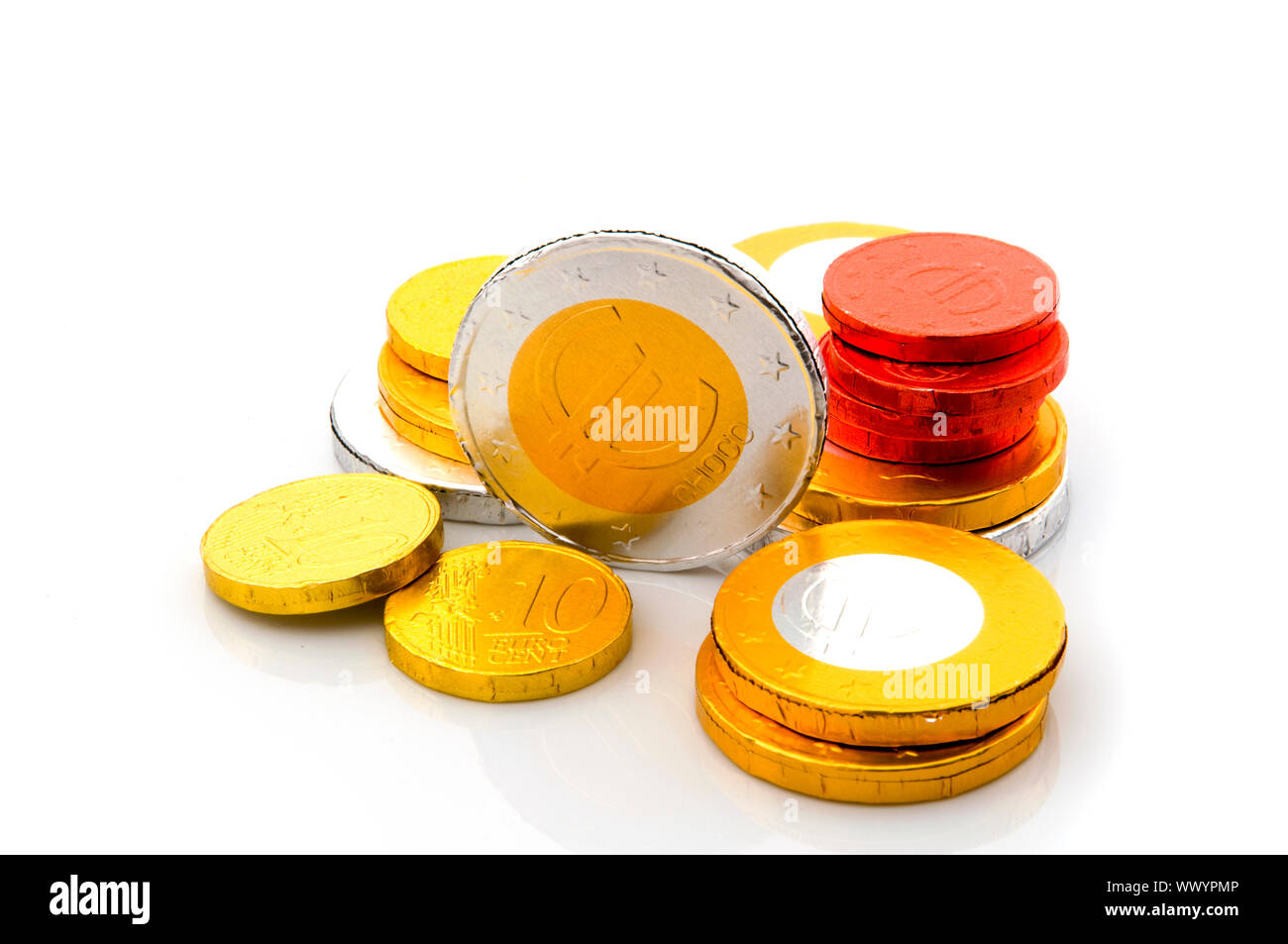 Euros in chocolate with silver and gold Stock Photo - Alamy