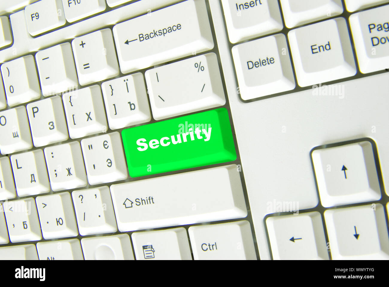 Keyboard with green button of connect to security Stock Photo - Alamy