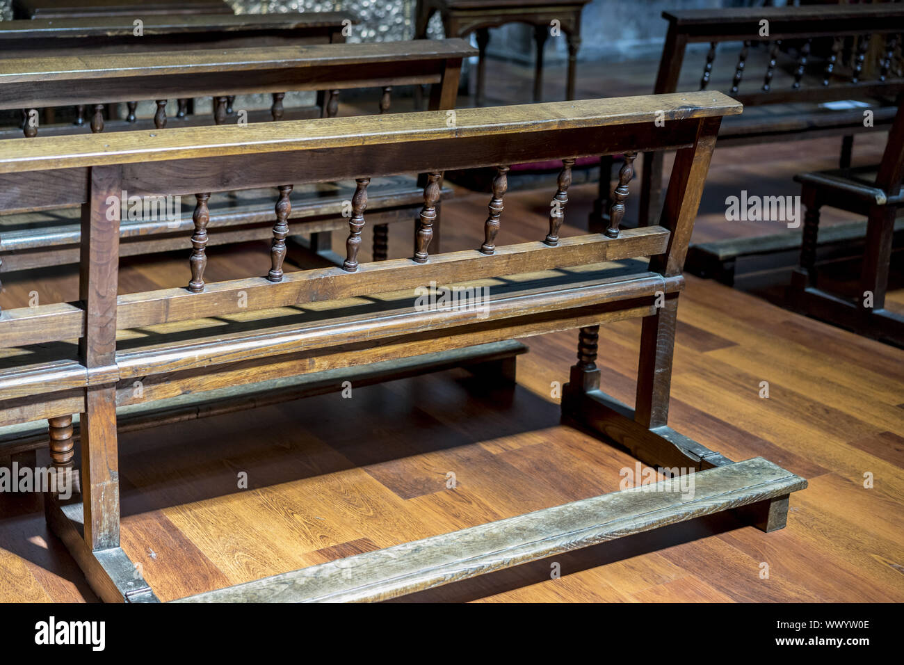 benches to pray inside a church. concept of faith and religion Stock ...