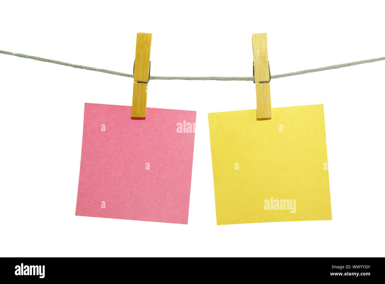 note paper blanks on rope isolated on white Stock Photo - Alamy
