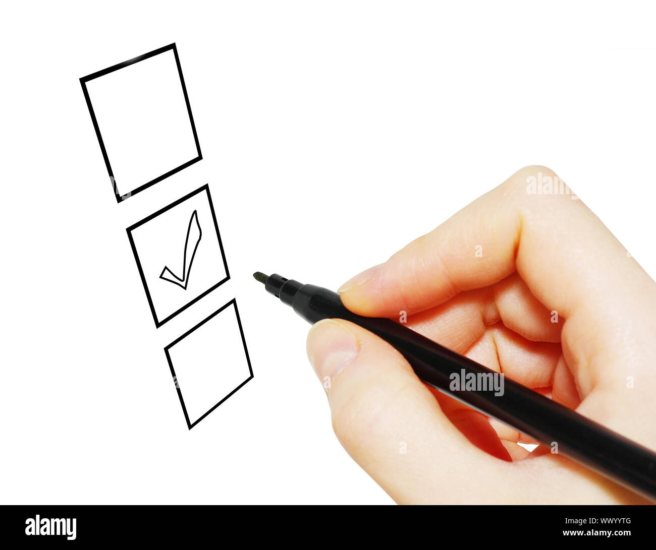 Hand with marker and check boxes isolated on white Stock Photo - Alamy