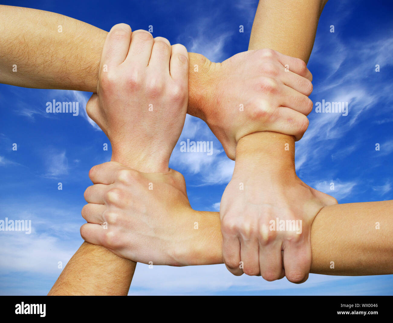 Linked hands on a white background symbolizing teamwork and friendship ...
