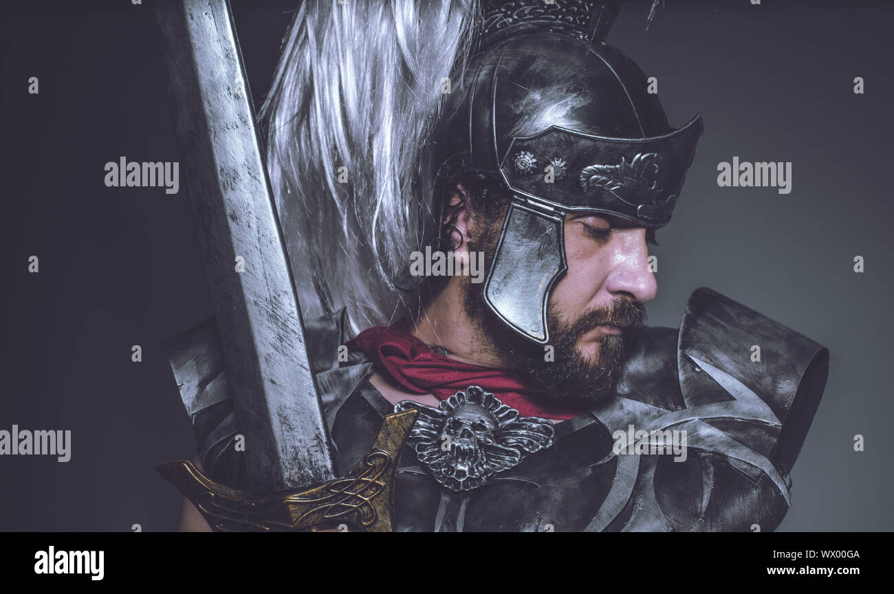 Soldier, Roman gladiator, wrestler and warrior of Rome with helmet and ...