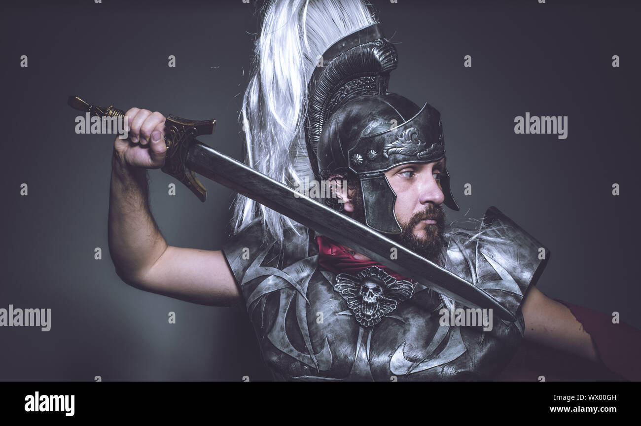 Violence Roman gladiator, wrestler and warrior of Rome with helmet and ...