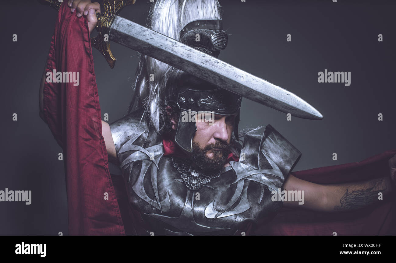 Strength Roman gladiator, wrestler and warrior of Rome with helmet and ...