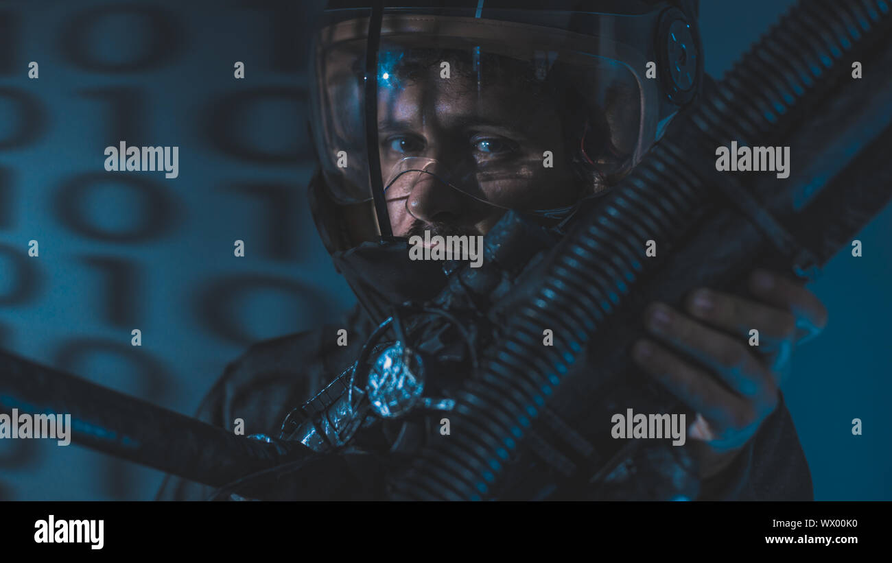 space man with led lights helmet, space suit and gun in the shape of a ...