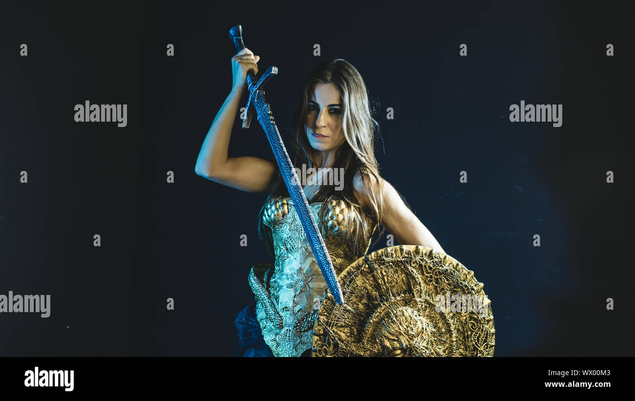 Weapon, valkyrie warrior, woman with golden armor iron coat and big ...
