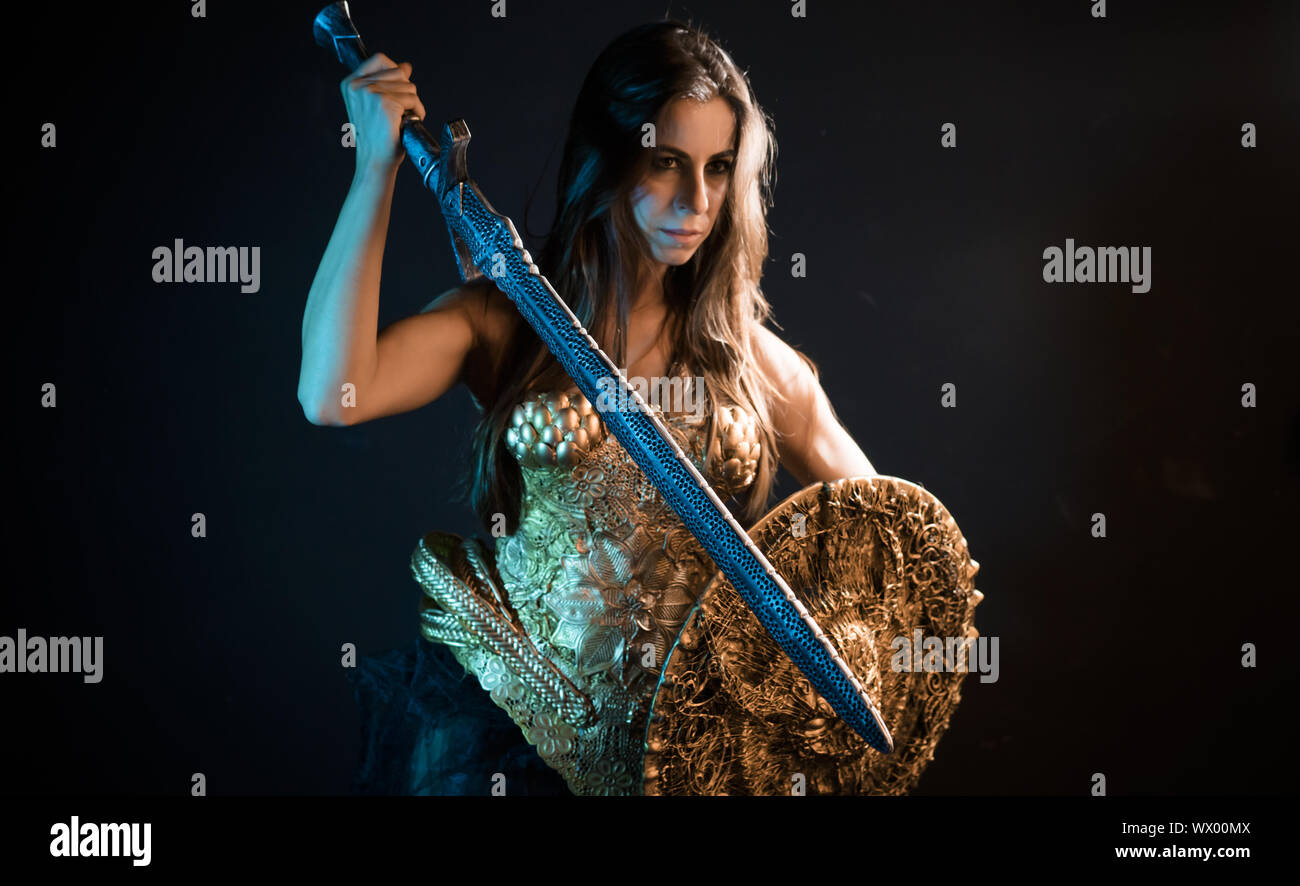 Weapon, valkyrie warrior, woman with golden armor iron coat and big ...