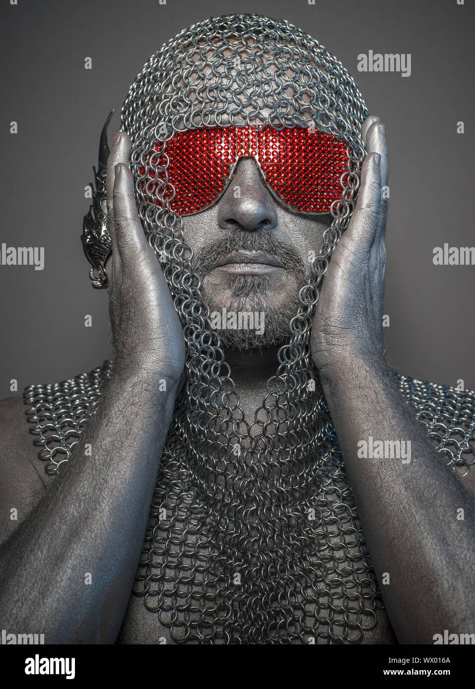 firewall, man with iron armor and red glasses, concept of protection ...
