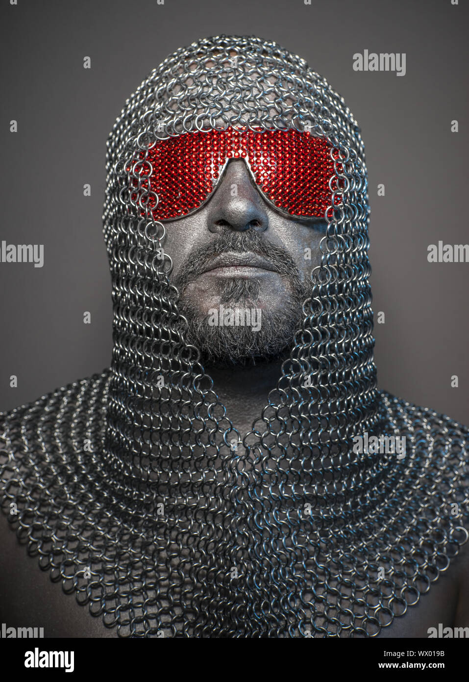 firewall, man with iron armor and red glasses, concept of protection ...