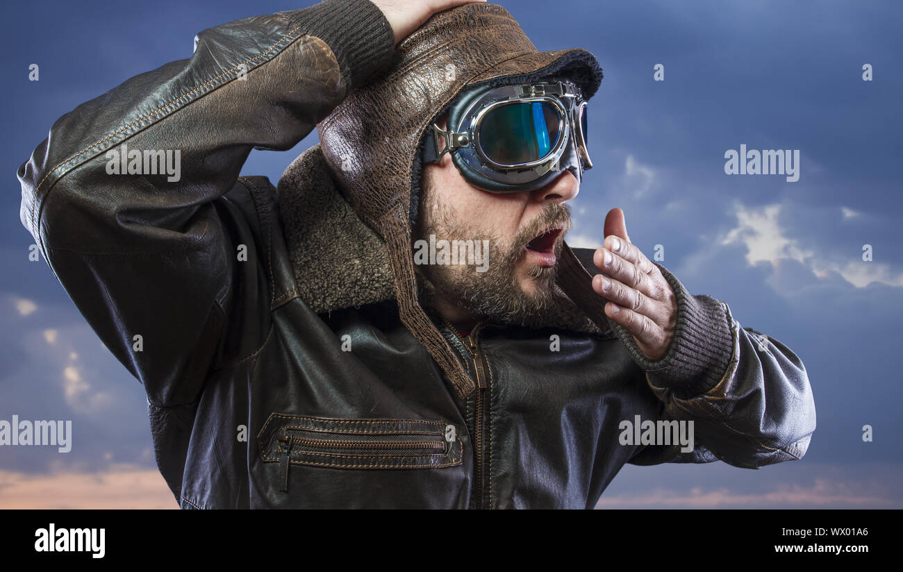 Speed, old motor driver, man with sunglasses leather jacket with ...