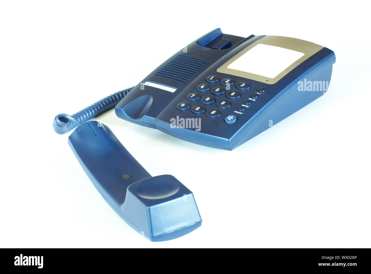 blue office telephone on a white background Stock Photo - Alamy