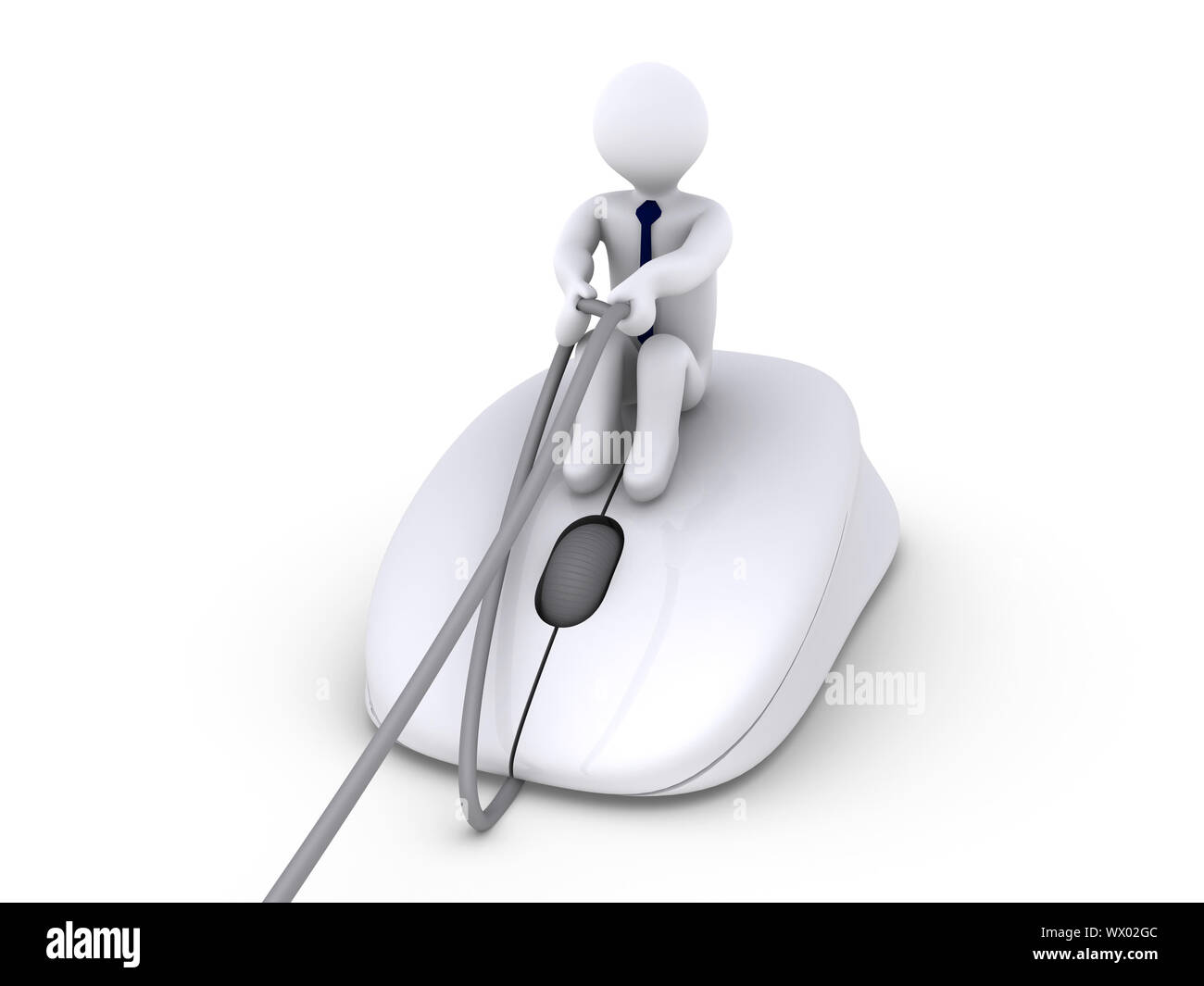 3d businessman sitting on mouse and holding cable Stock Photo - Alamy