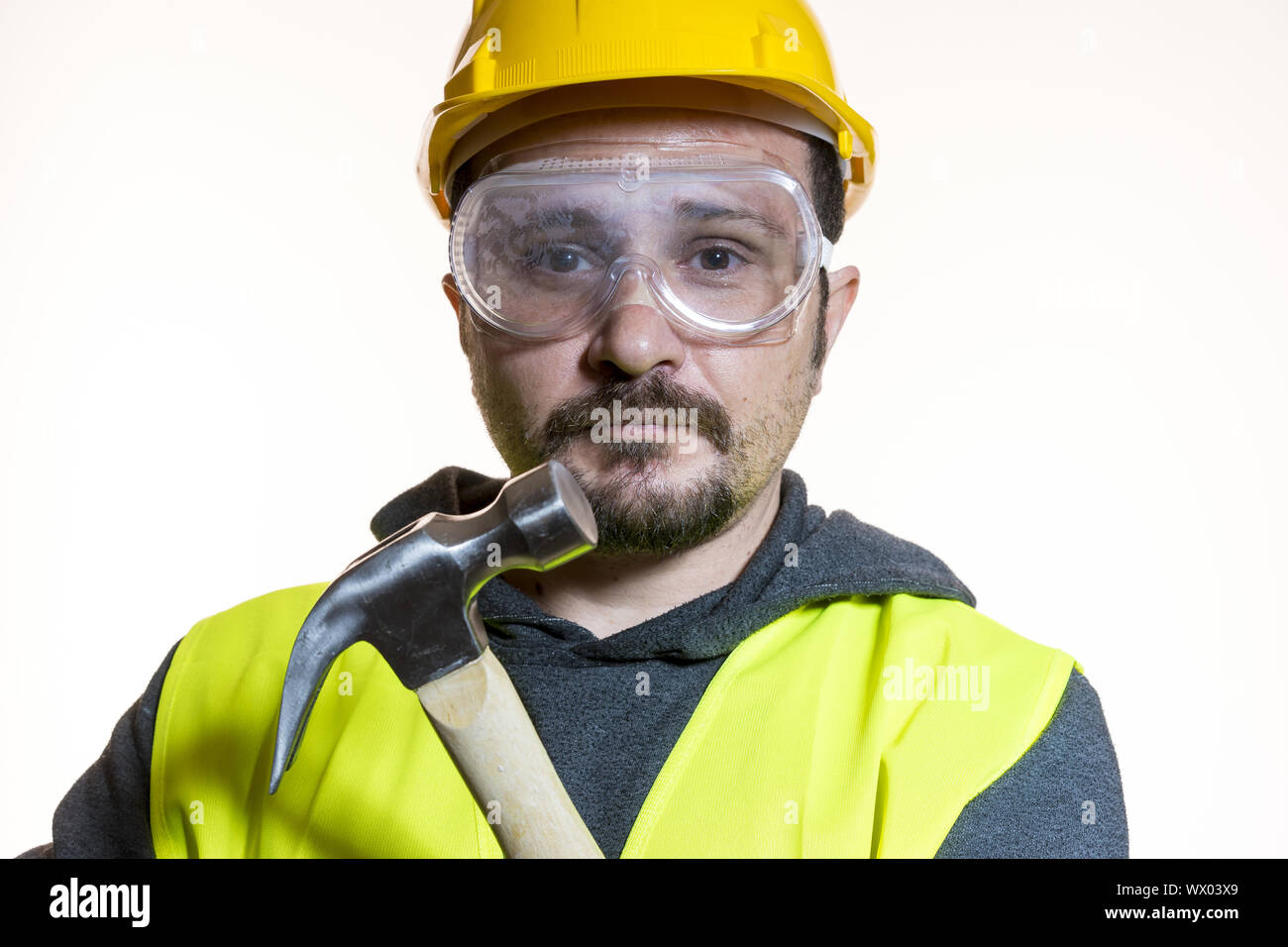 Job, Do it yourself, man dressed in yellow builder helmet with ...