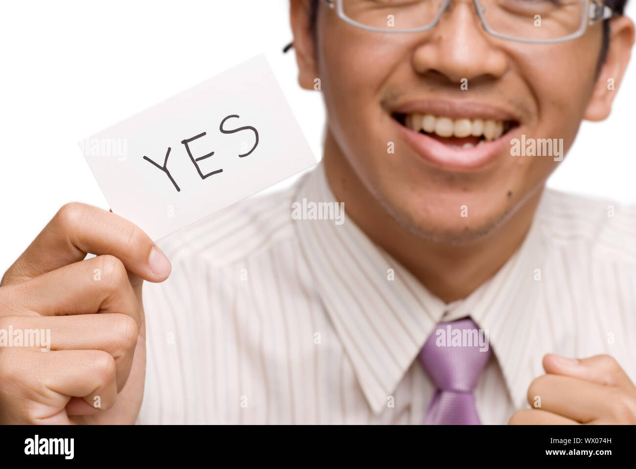 Business man show yes card on white background Stock Photo - Alamy