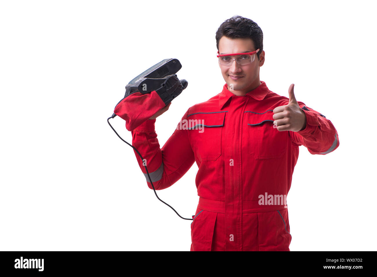 Young worker with belt sander sanding power tool isolated on whi Stock ...