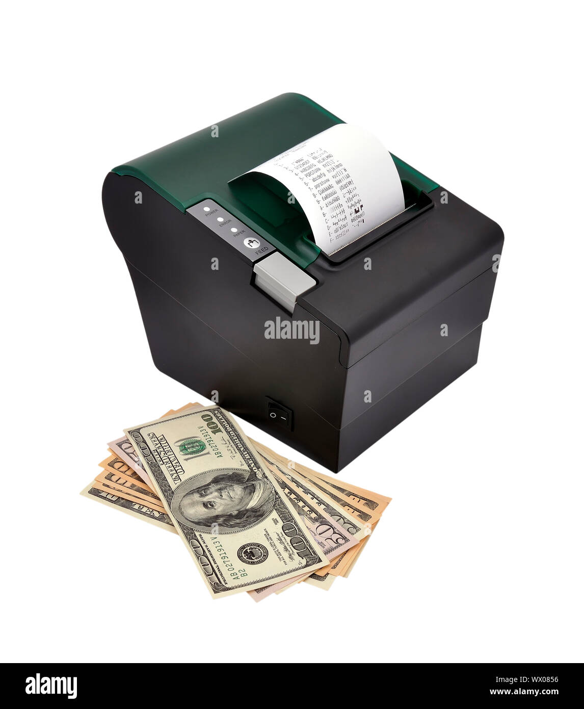 thermal printer and money on a white background Stock Photo - Alamy