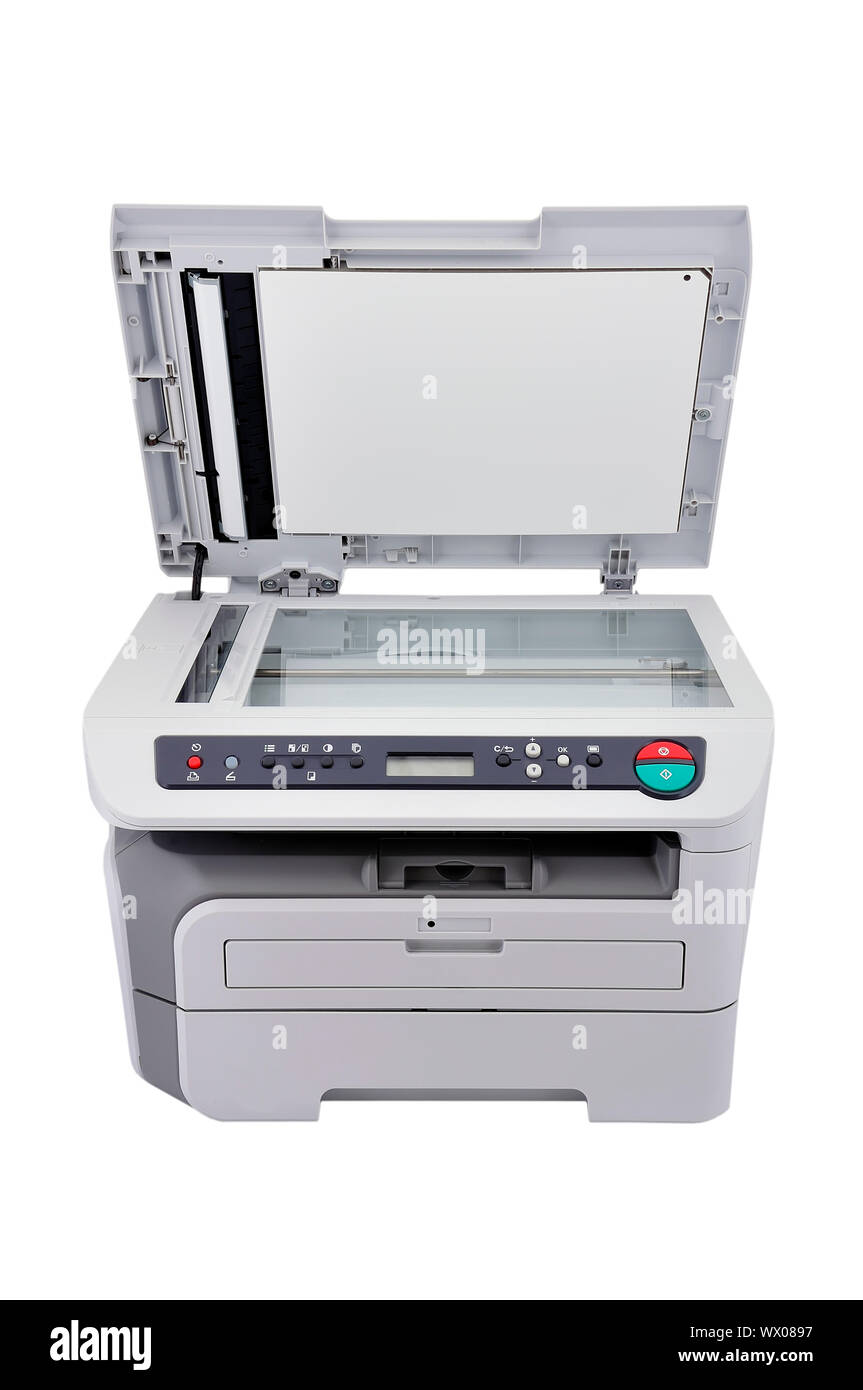 Copier with lid open on a white background Stock Photo - Alamy