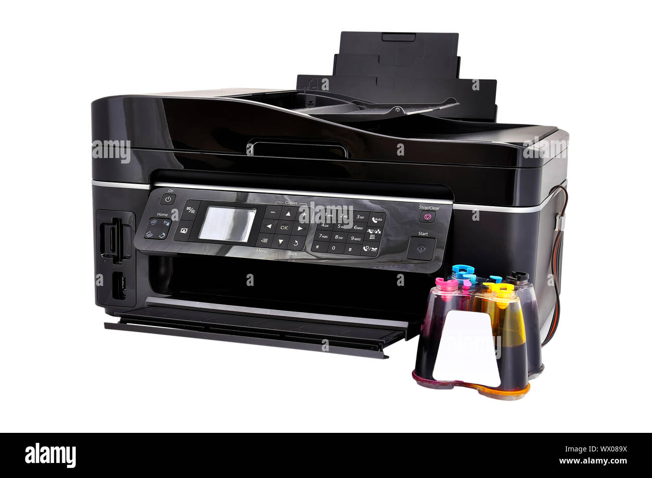printer and continuous ink supply system on a white background Stock ...