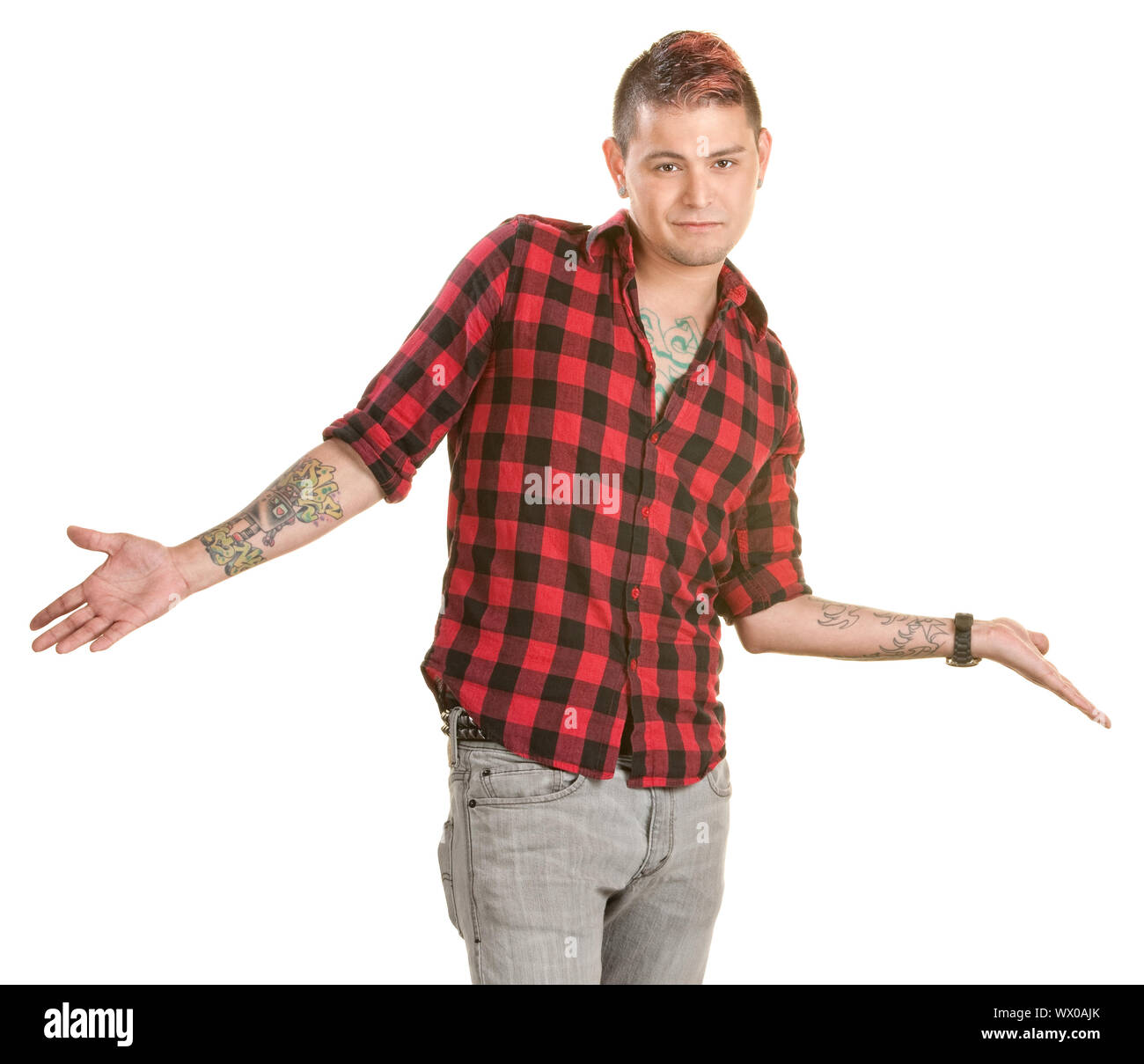 Smiling man with hands out over white background Stock Photo - Alamy