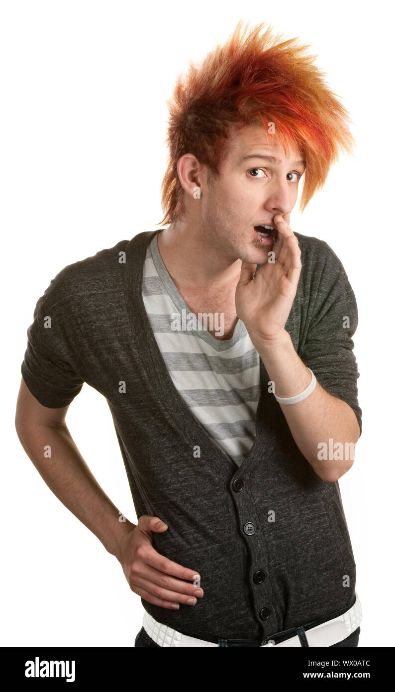 Cute European male with mohawk whispering over white Stock Photo - Alamy