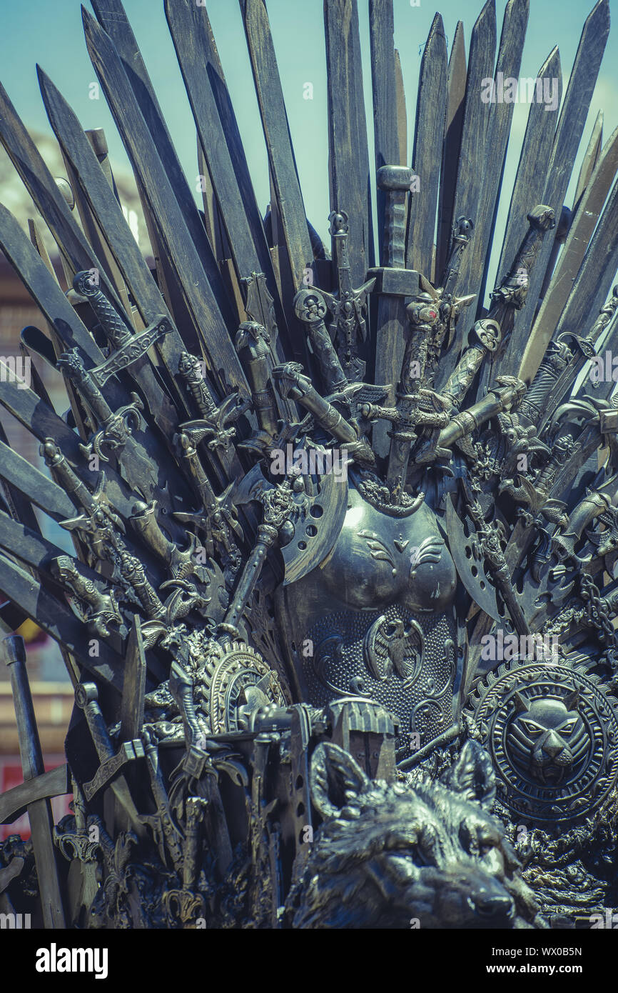 Fantasy, royal throne made of iron swords, seat of the king, symbol of ...