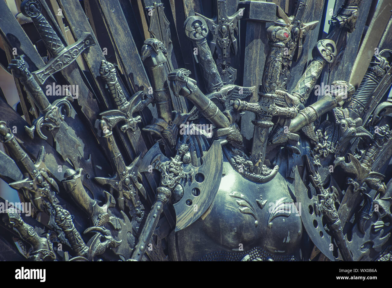 Iron throne made with swords, fantasy scene or stage. Recreation of a ...