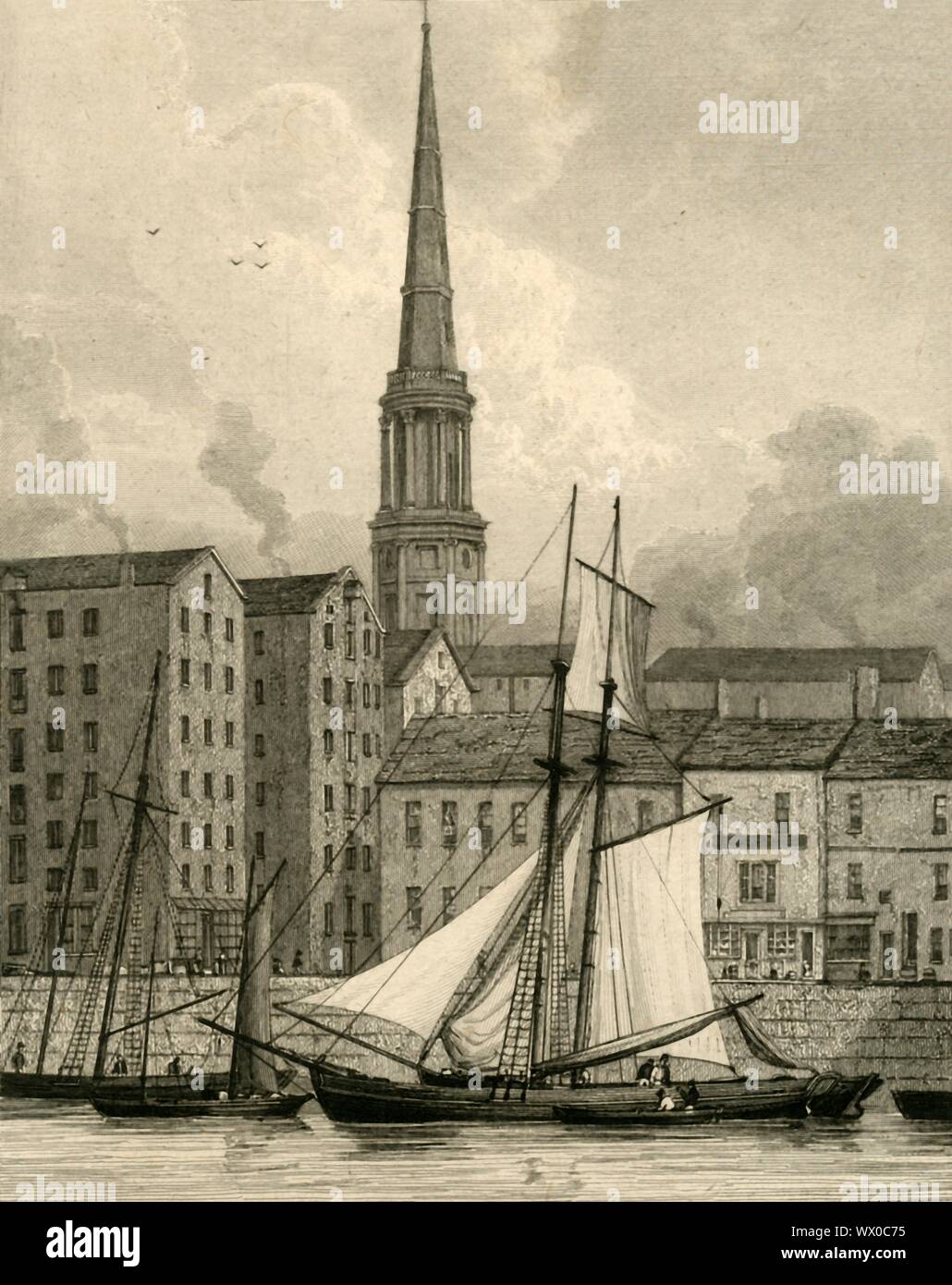 'St. George's Church from the Docks, Liverpool', c1830. Ships at the ...