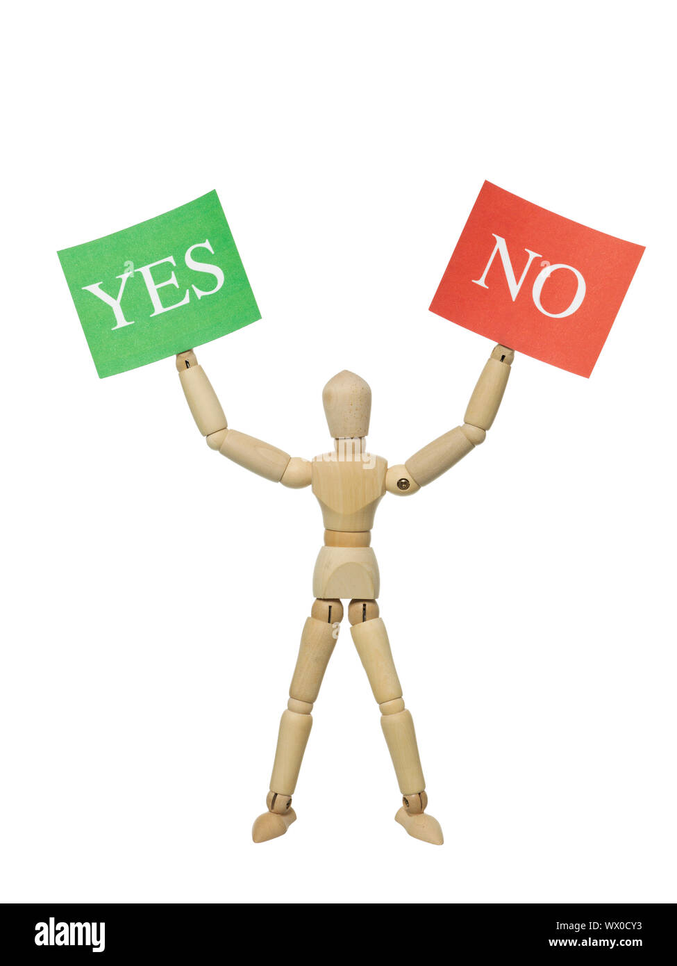 Mannequin Doll with Yes and No Signs on white background Stock Photo ...