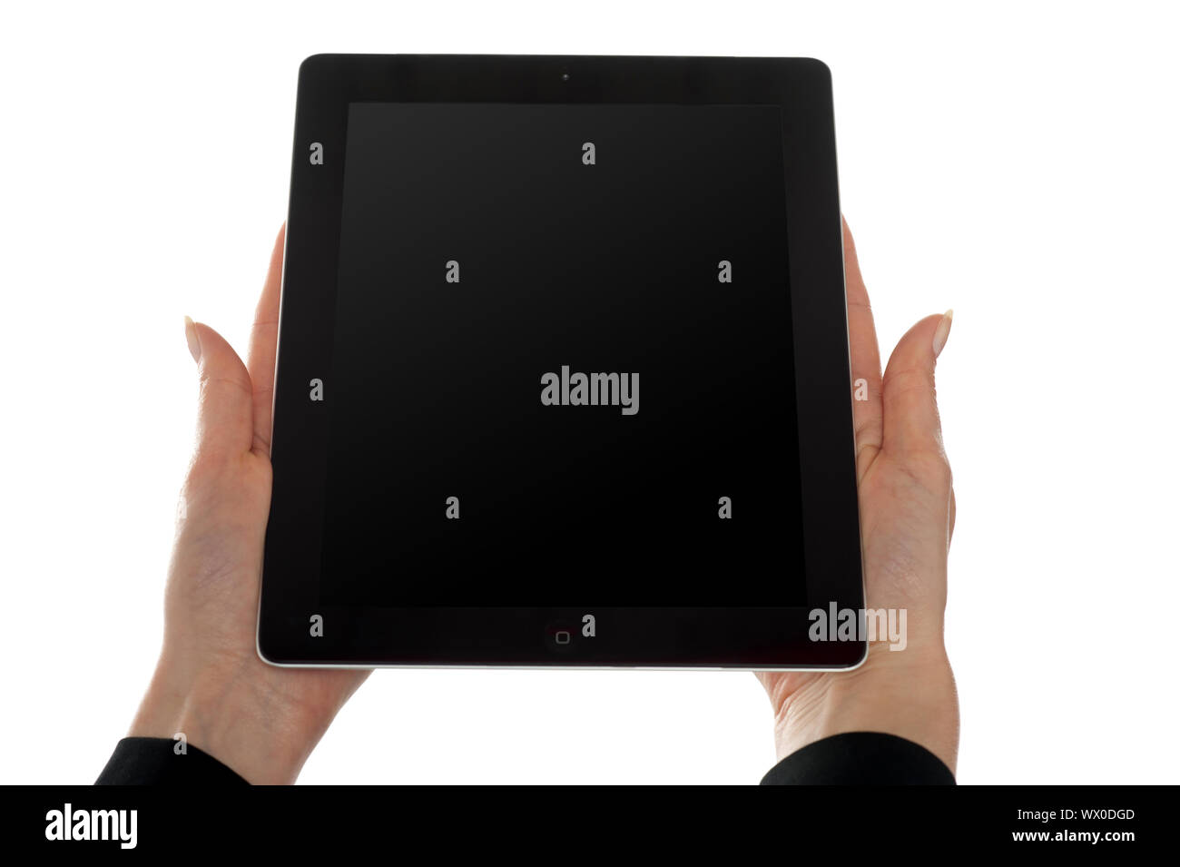 Female hands showing touch screen device, closeup portrait Stock Photo ...