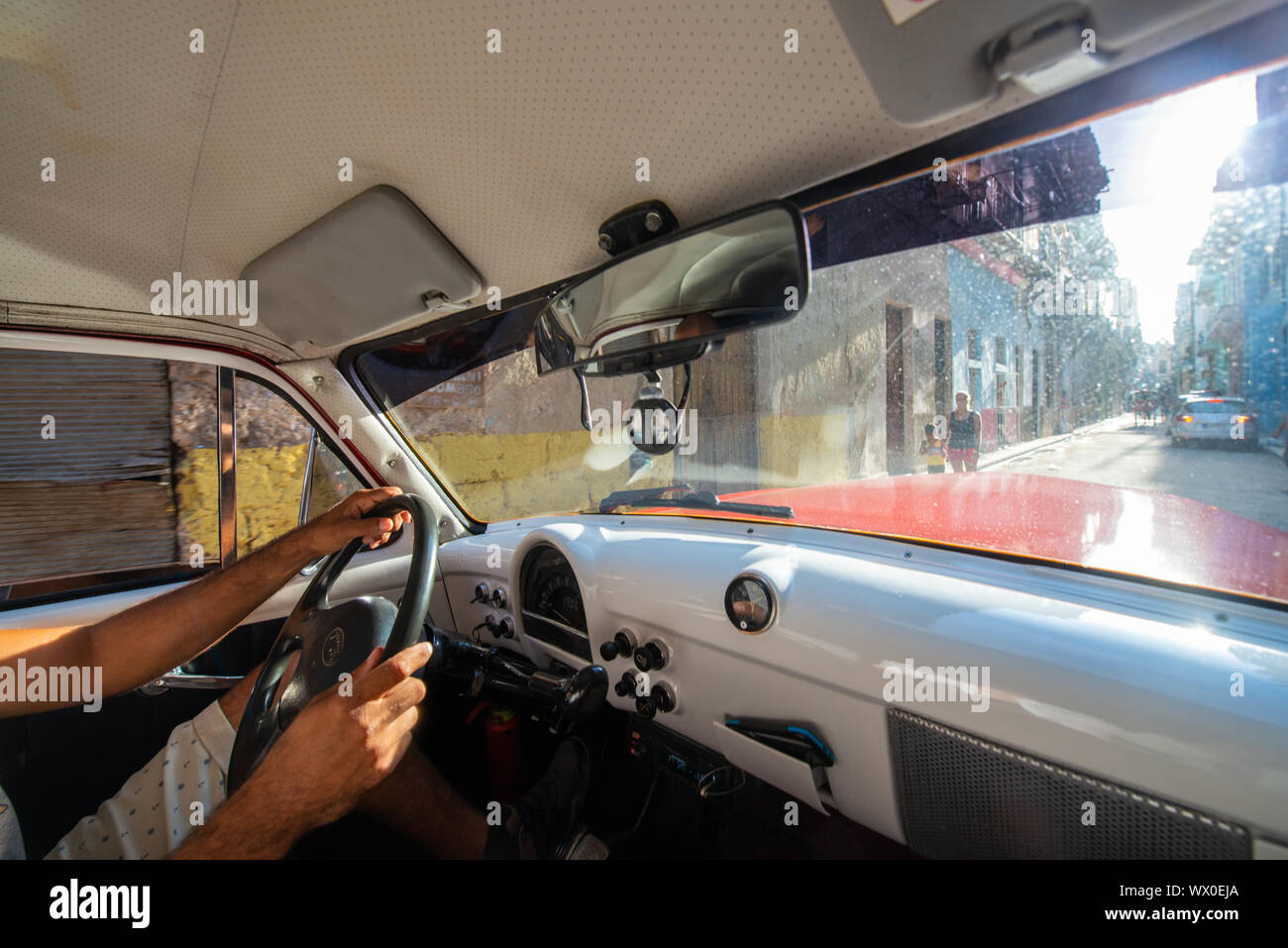 Interior of a vintage car driving in Havana, Cuba, West Indies ...