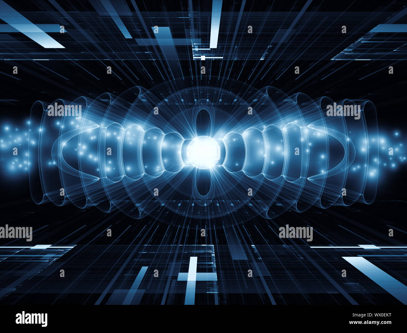 Arrangement of perspective fractal grids, lights, mathematical wave and ...