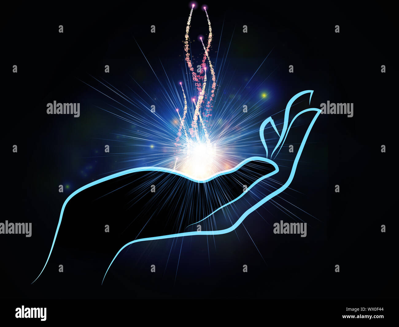 Abstract arrangement of human hand and technological elements suitable ...
