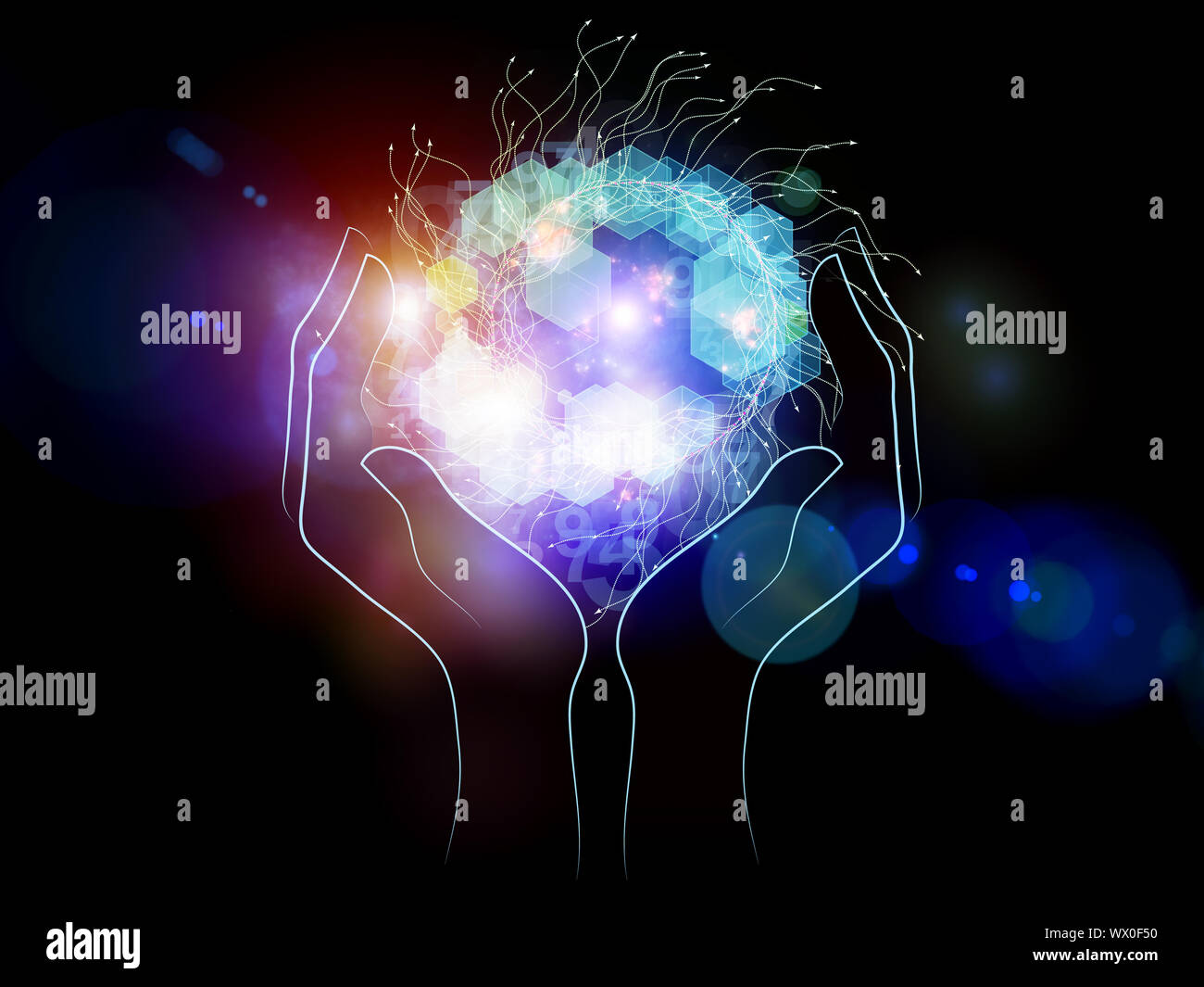 Abstract arrangement of human hand and technological elements suitable ...
