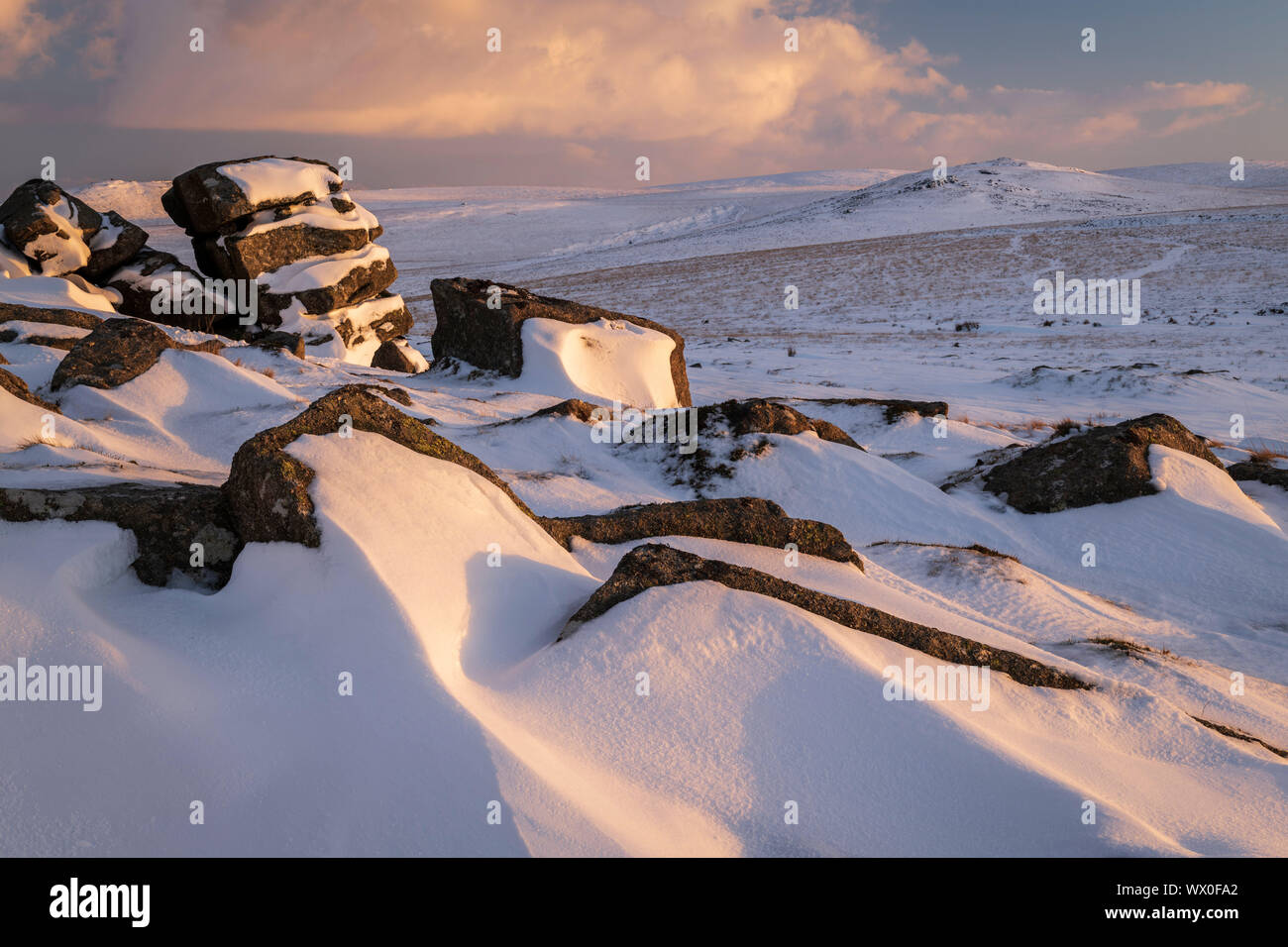 Winter snow at Rowtor, Dartmoor National Park, Devon, England, United ...