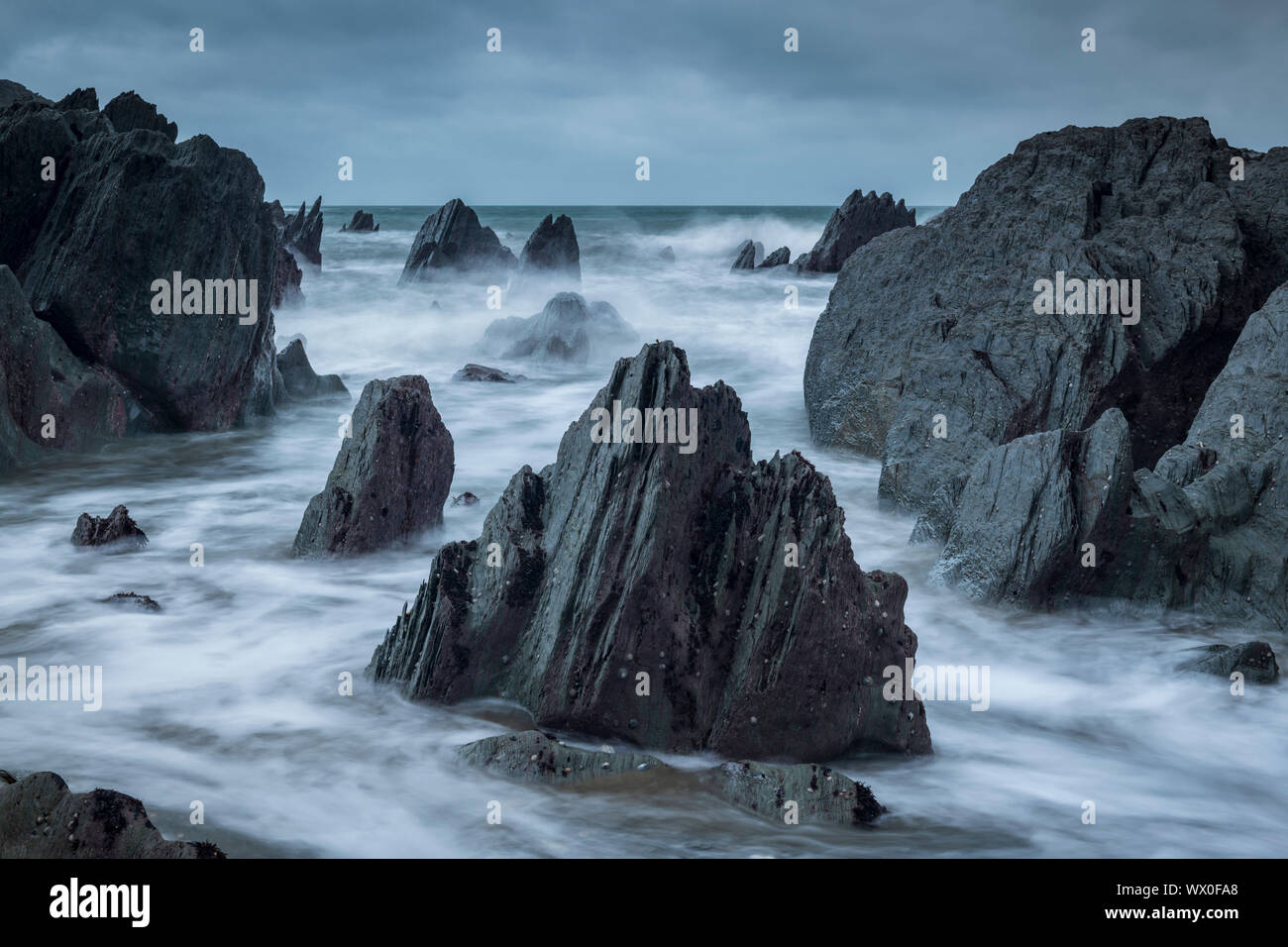 Rocky cove on the dramatic North Devon coast in winter, Devon, England ...