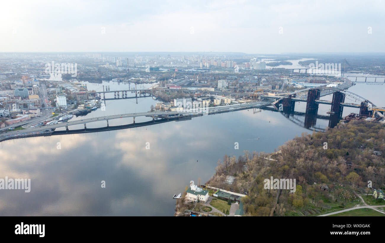 Aerial view of the Kiev (Kyiv) city, Ukraine. Dnieper river with ...
