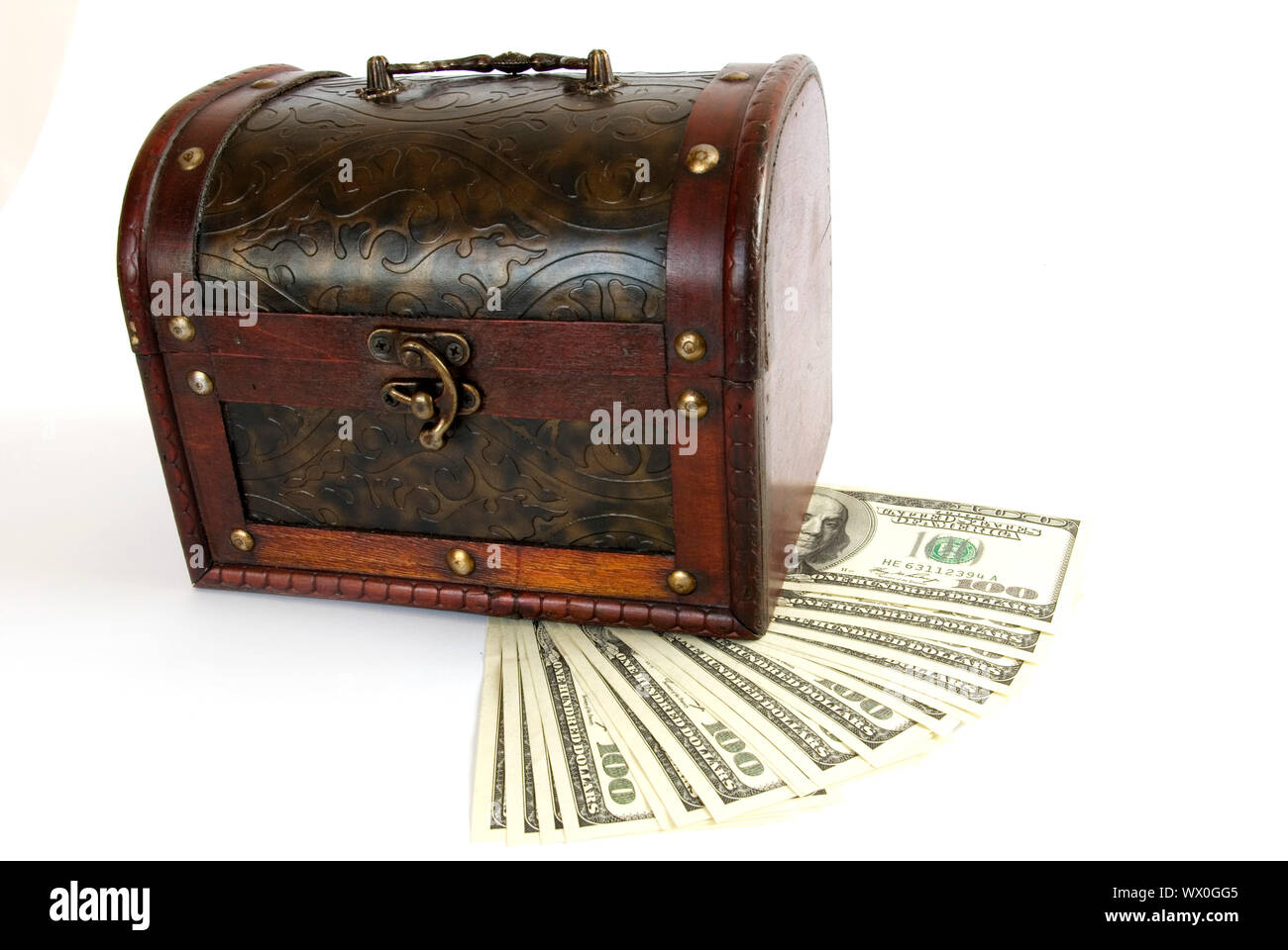 old box with money inside on white Stock Photo - Alamy