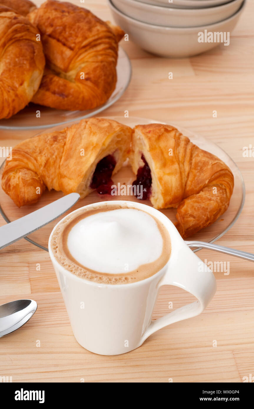 fresh croissant french brioche and coffee typical traditional Italian ...
