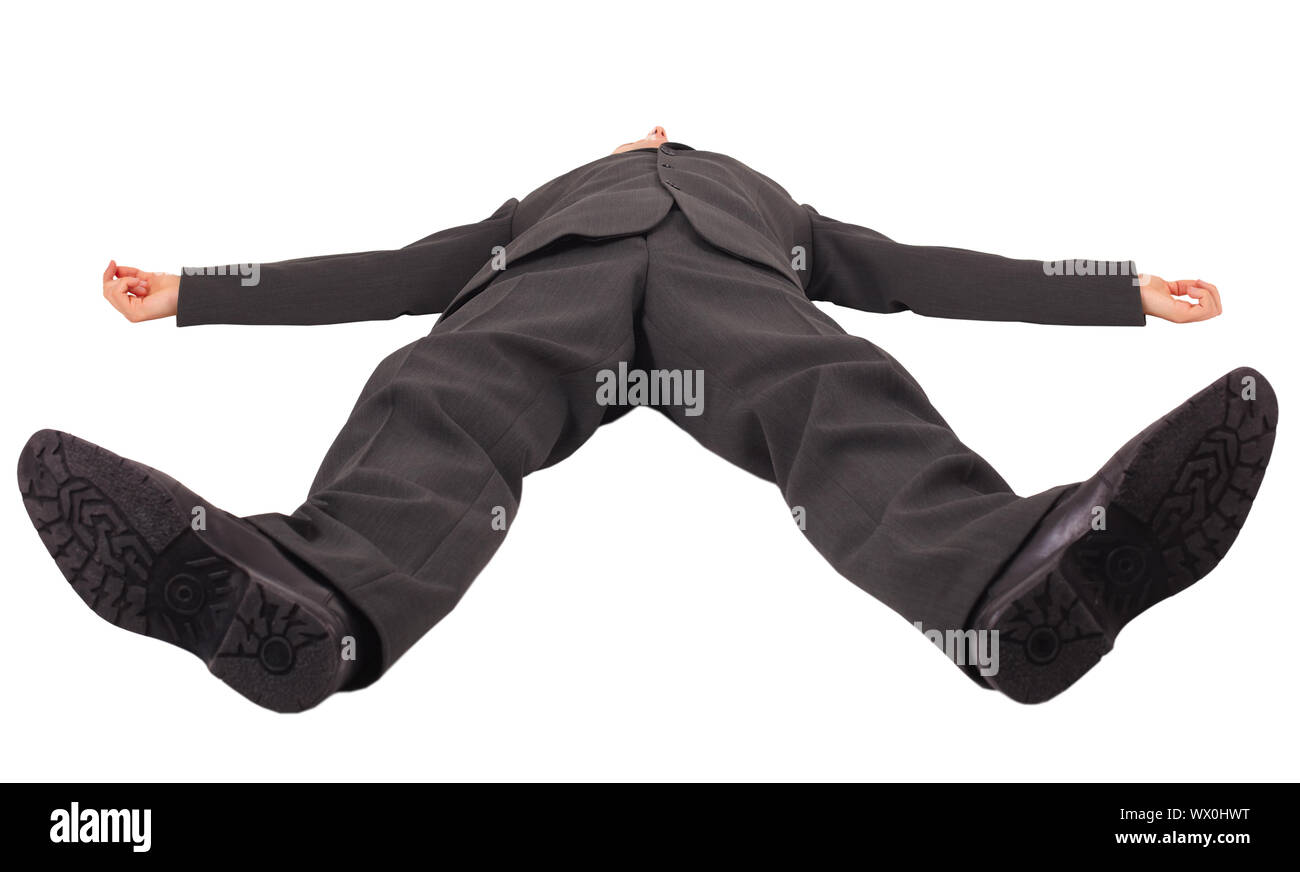 A man lies on his back legs forward isolated on a white background ...