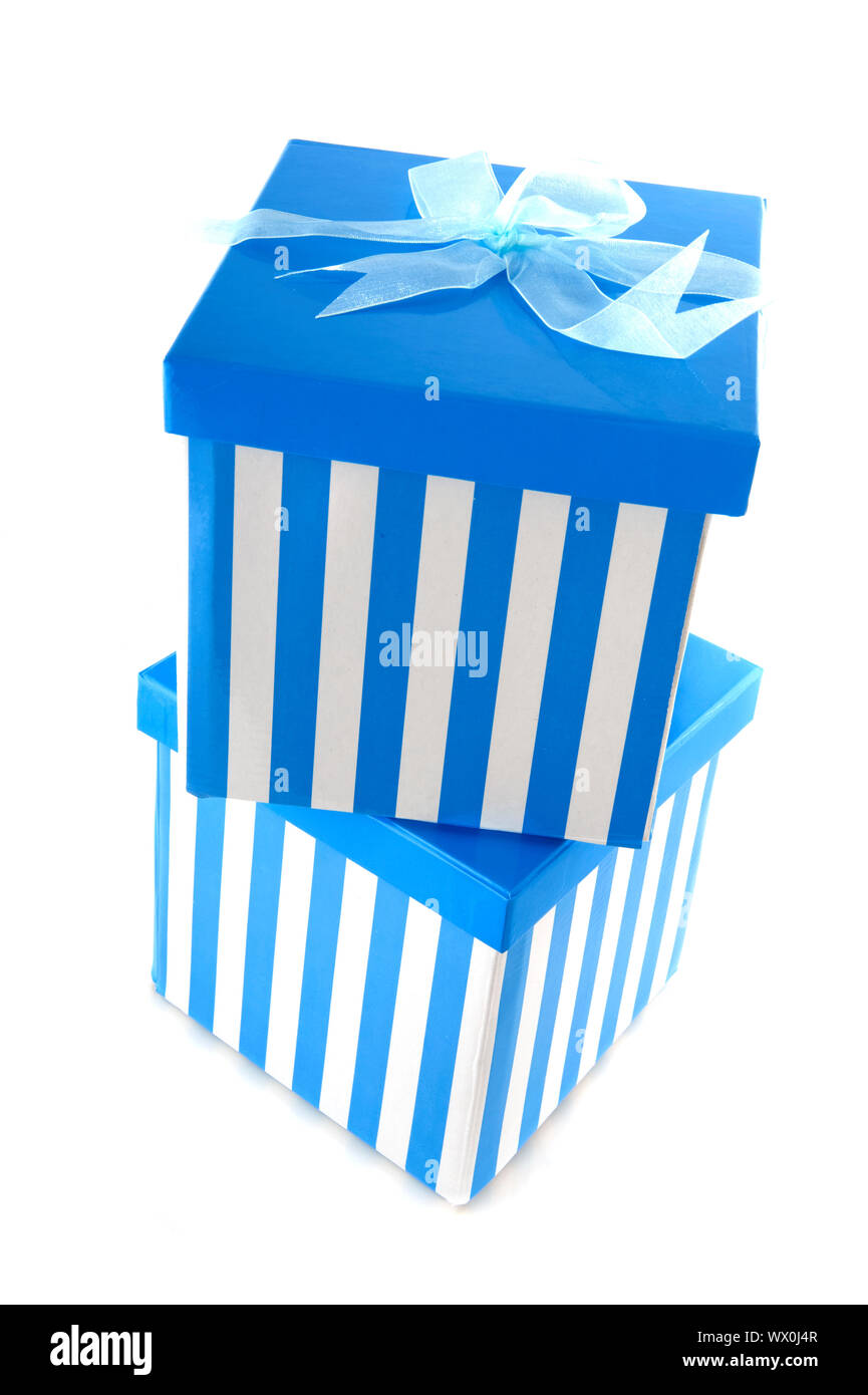 stacked blue striped presents over white background Stock Photo - Alamy