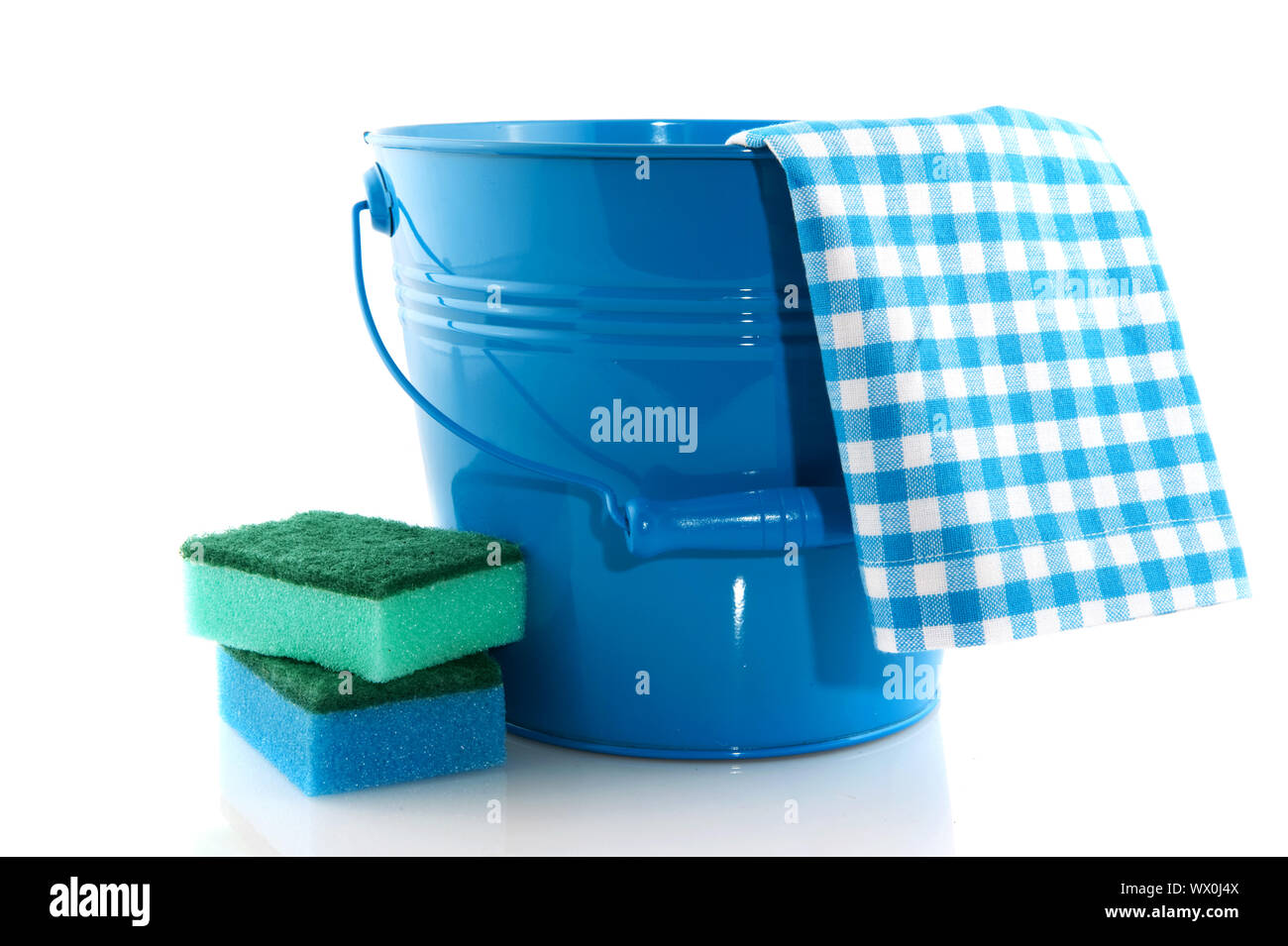 Cleaning with a blue metal bucket clothes and sponges Stock Photo - Alamy