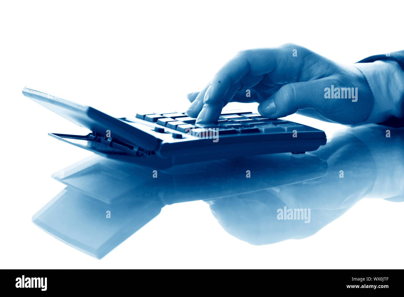 girl hand calculate on white background Stock Photo - Alamy
