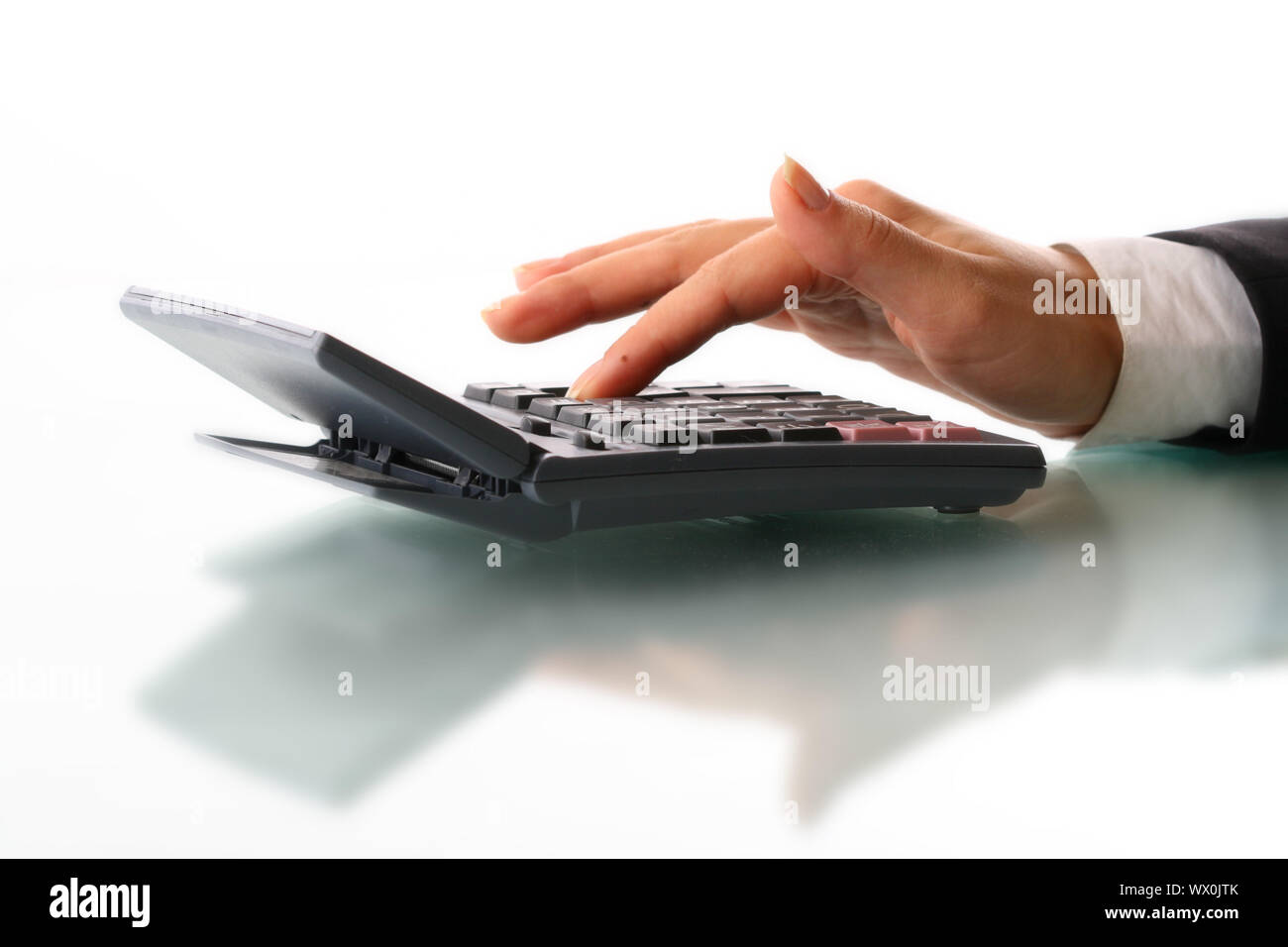 girl hand calculate on white background Stock Photo - Alamy