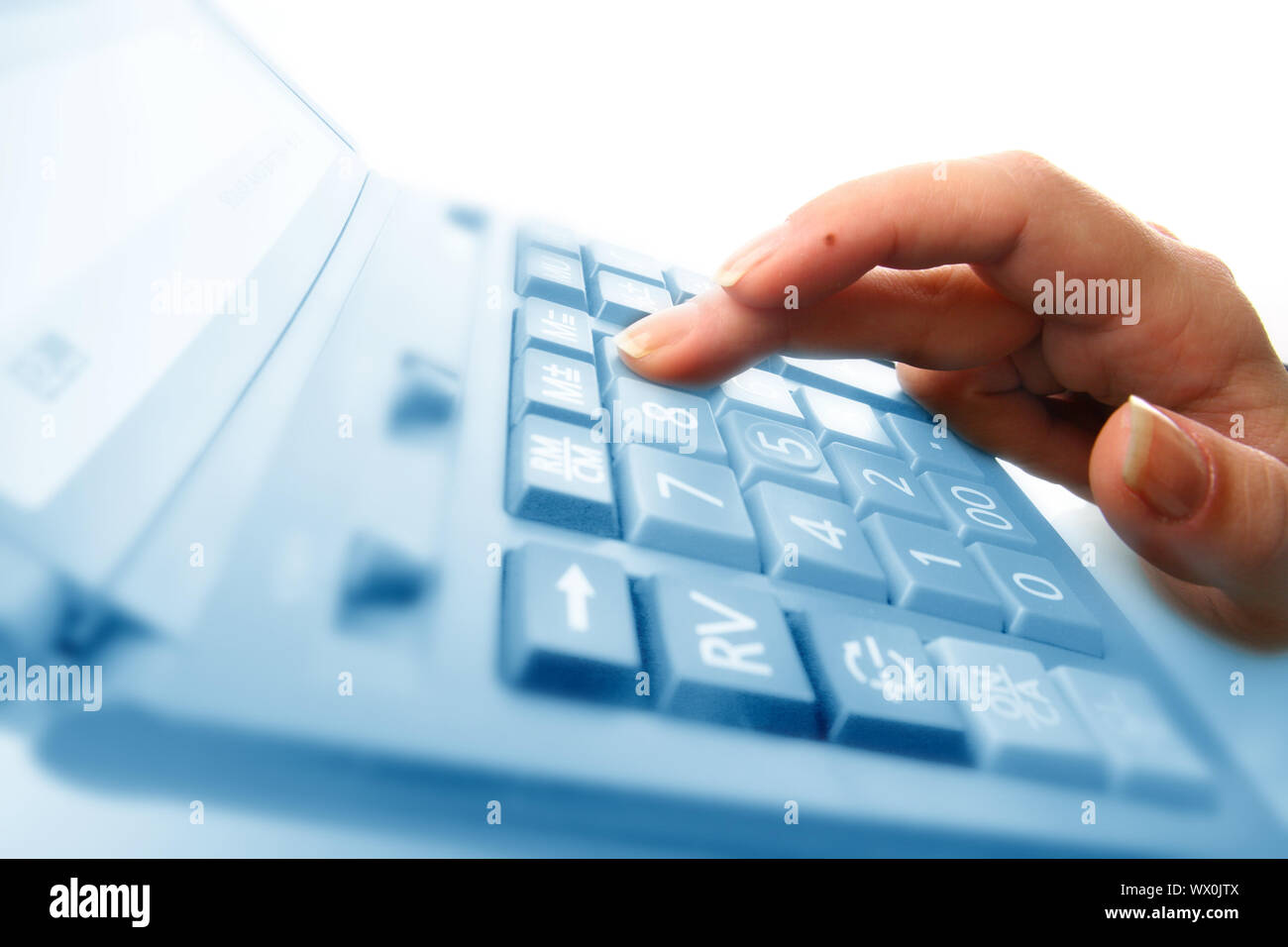 girl hand calculate on white background Stock Photo - Alamy