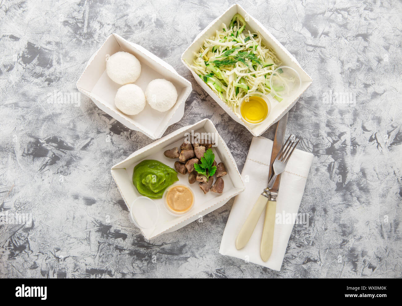 Eat right concept, healthy food, fitness nutrition take away in paper ...