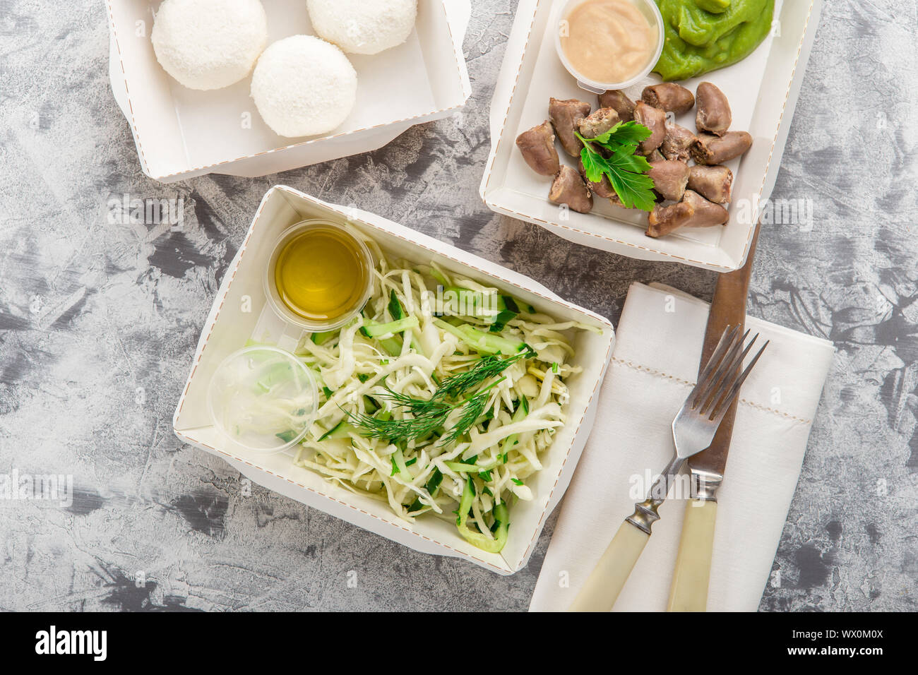 Eat right concept, healthy food, fitness nutrition take away in paper ...